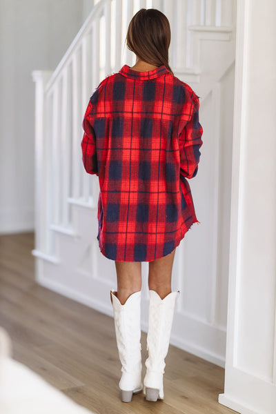 Fall Flannel Shirt Mini Dress - Red and Navy - H&O