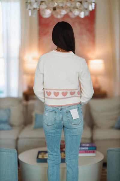 Heart to Heart Cropped Cardigan - White and Pink - H&O